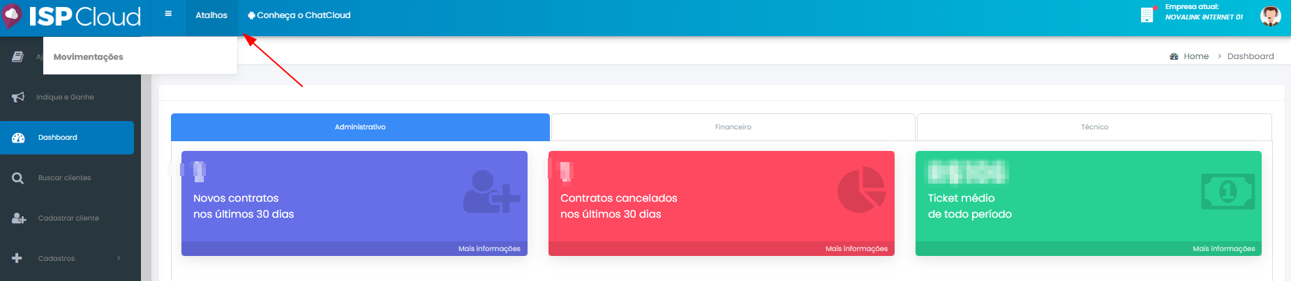 Botão de atalhos - ISPCLOUD