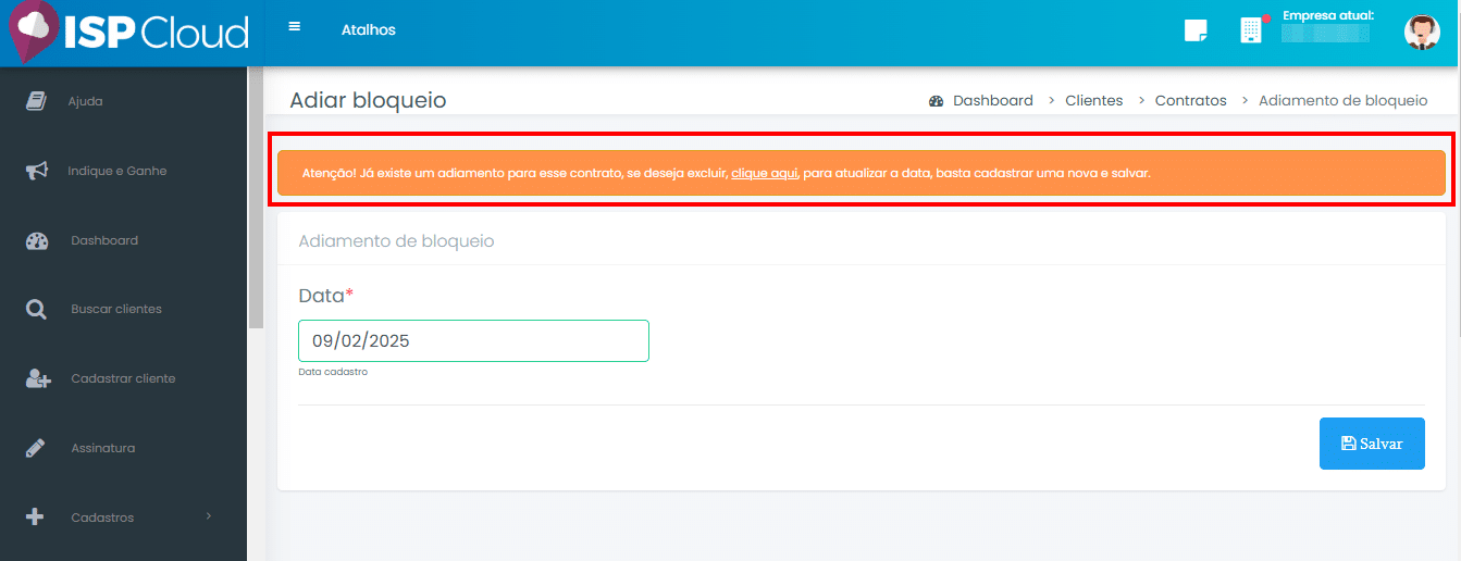 Parâmetro Data de Adiamento - ISPCLOUD